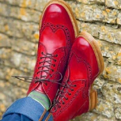 Men's Bloody Red Leather Boot, High Ankle Oxfords Wing Tip Lace Up ...