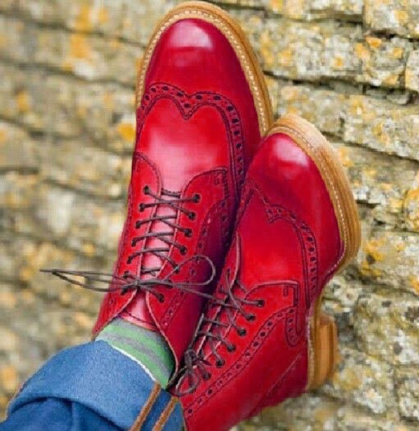 Men's Bloody Red Leather Boot, High Ankle Oxfords Wing Tip Lace Up ...